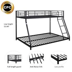 HomJoones Metal Bunk Beds,Heavy Duty Metal Bunk Bed Twin Over Full Size, Heavy Duty Floor Bunk Beds Frame with Enhanced Upper-Level Guardrail/No Box Spring Needed (M1 Black)