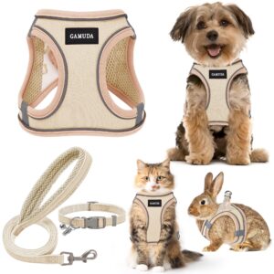 gamuda small pet harness collar and leash set, step in no chock no pull linen fabric soft mesh dog vest harnesses reflective for dogs puppy cats kitten rabbit (khaki, s)