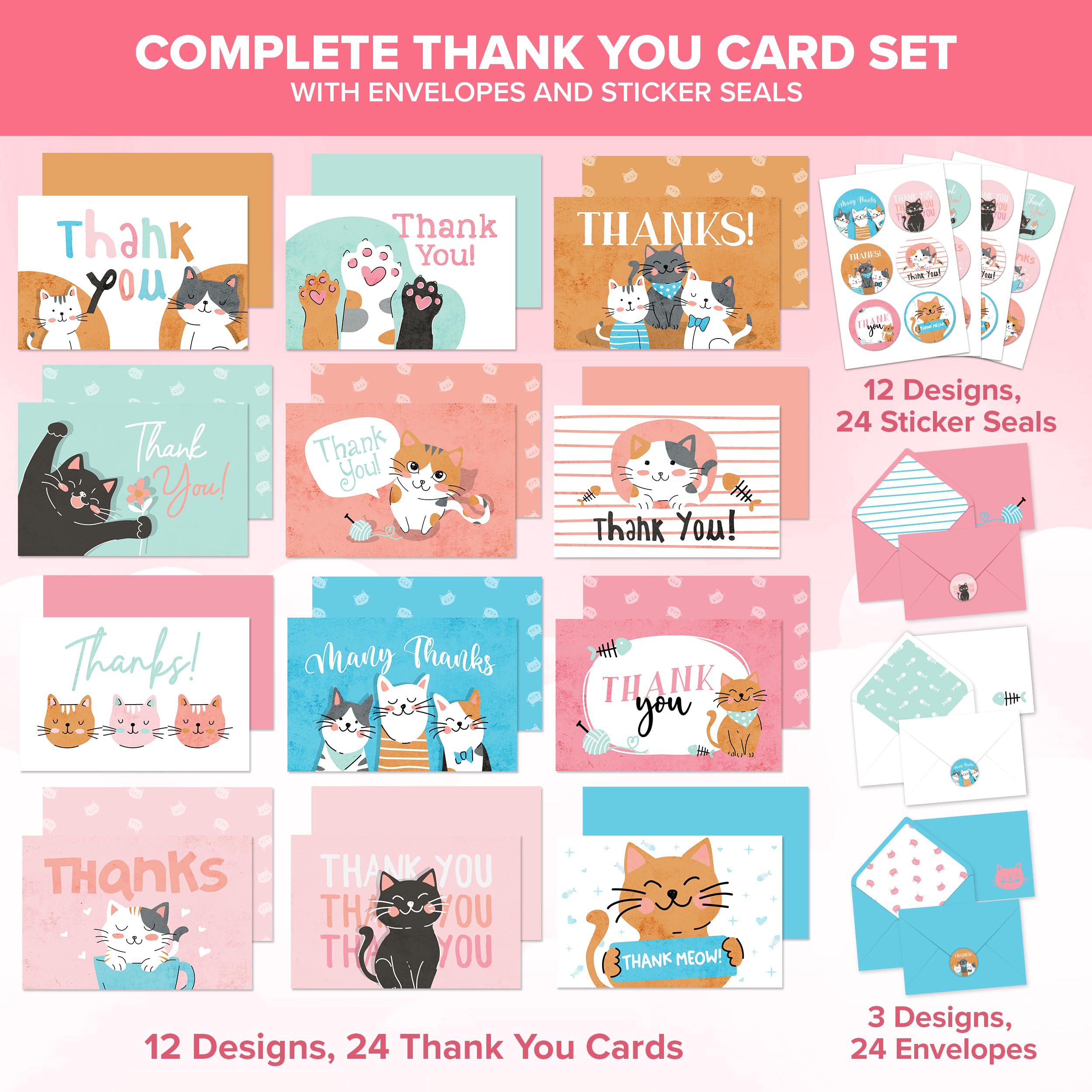 Decorably Thank You Cards with Envelopes & Stickers, Animal-Themed Cards - 24 Pack Cat Thank You Cards, Blank Inside Thank You Cards Cats, 6x4in Thank You Cards with Envelopes Cats