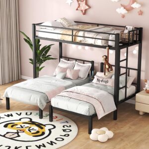 MERITLINE Triple Bunk Beds for 3, Metal Bunk Bed Twin Over Twin & Twin Size, Three Bed Bunk Beds for Kids, Teens,Can be Separated into 3 Twin Beds, Black