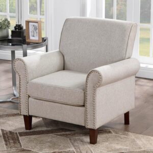 Prilinex Upholstered Living Room Chair - Large Comfy Fabric Accent Chair Single Sofa with Cushion, Rolled Armrest & Nailhead Trim, Mid Century Farmhouse Armchair for Bedroom, Office, Beige