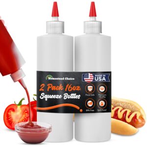 2-pack plastic squeeze bottles for sauces - 16 oz condiment squeeze bottles for liquids - made in usa - bpa free squirt bottles with cap - ketchup, syrup, oil, dressings, honey & arts and crafts