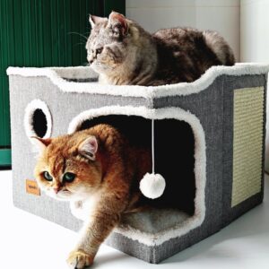 spindro large cat bed for indoor cats, foldable adult cat cave anti anxiety cat house cube with scratch pad cat towers, cute kitten condo hideaway hut with soft pillow mat for 2 pets under 30 lbs