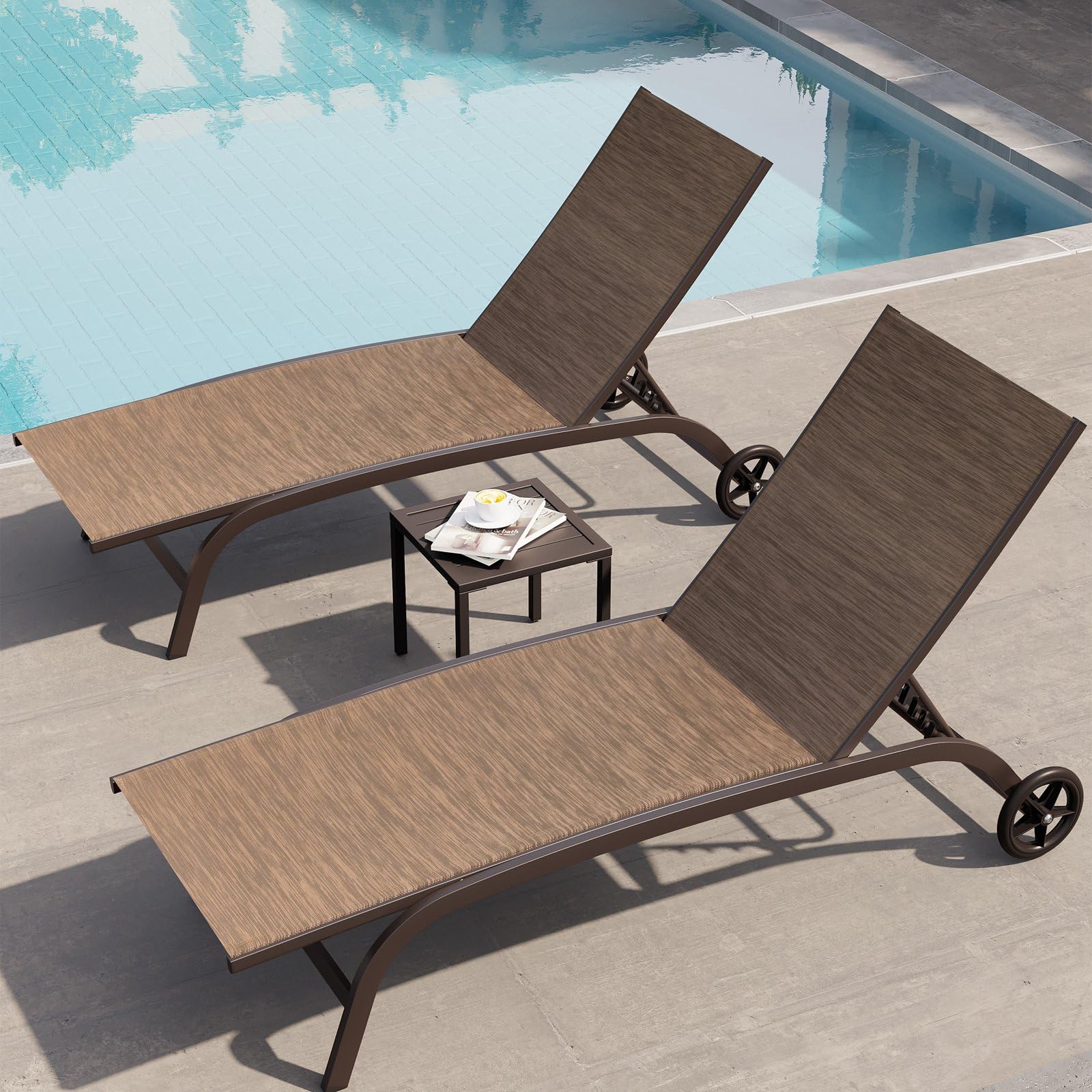 Crestlive Products Outdoor Chaise Lounge Chairs with Wheels Set of 3, Pool Lounge Chairs with 5 Adjustable Position for Patio, Poolside, Yard, Brown