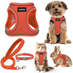 gamuda small pet harness collar and leash set, step in no chock no pull linen fabric soft mesh dog vest harnesses reflective for dogs puppy cats kitten rabbit (orange, s)