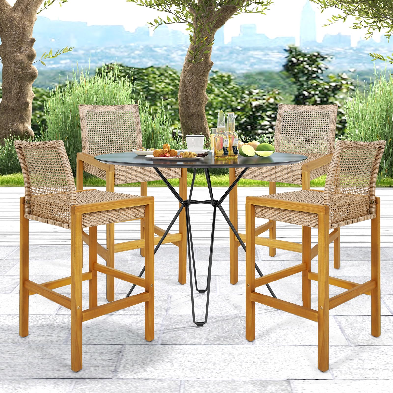 HAPPYGRILL Wicker Bar Stools Set of 2, Patio Chairs with Solid Wood Frame, Ergonomic Footrest, Indoor Outdoor Bar Height Chairs for Backyard Poolside Garden