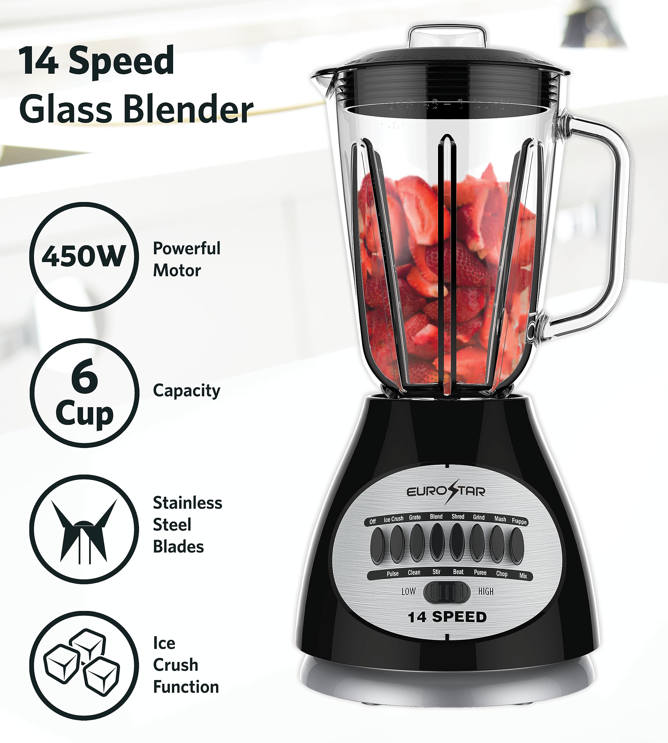 EUROSTAR 450W 14-Speed Glass Jar Blender (BLACK)