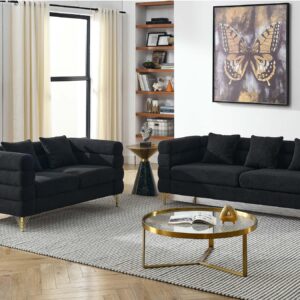 60-inch Couches for Living Room, Modern Teddy Fabric Upholstered Loveseat Sofa Couch with Square Arm and 4 Golden Metal Legs for Living Room, Office, Apartment, Black