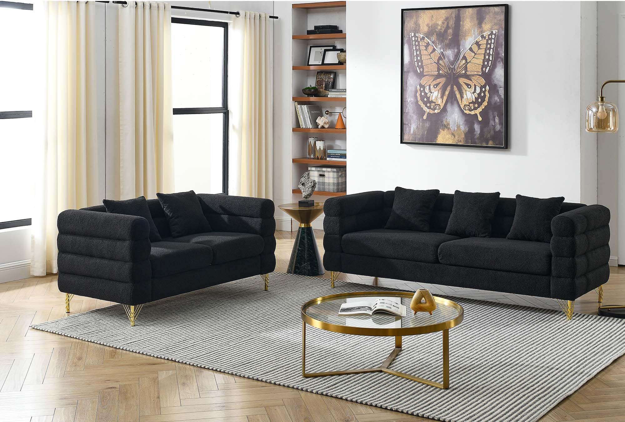 60-inch Couches for Living Room, Modern Teddy Fabric Upholstered Loveseat Sofa Couch with Square Arm and 4 Golden Metal Legs for Living Room, Office, Apartment, Black