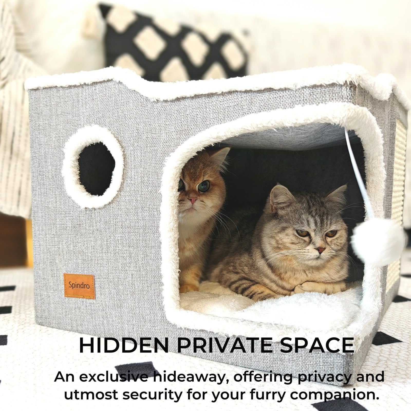 Spindro Large Cat Bed for Indoor Cats, Foldable Adult Cat Cave Anti Anxiety Cat House Cube with Scratch Pad Cat Towers, Cute Kitten Condo Hideaway Hut with Soft Pillow Mat for 2 Pets Under 30 lbs