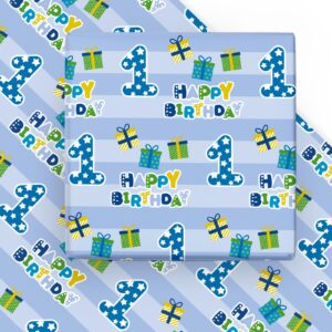 wrapaholic 1st birthday wrapping paper sheet - 6 sheets blue happy birthday with gift box design folded flat for birthday, party, baby showers - 19.7 inch x 27.5 inch per sheet