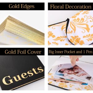 JUBTIC Guest Book: Premuim Keepsake for Life's Special Events - Sign in Book for Wedding Reception, Baby Shower, Funeral and Birthday Party - 100 Pages, Leather's Cover, Gold Foil (Black, 7" x10″)