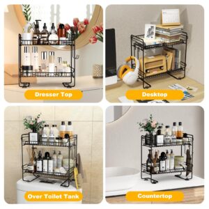 Johamoo Over The Toilet Storage, 2-Tier Bathroom Organizer Shelves, Multifunctional Bathroom Storage Rack with 4 Suction Cup, No Drilling Space Saver with Hooks, Upgrade Non-Adhesive, Black