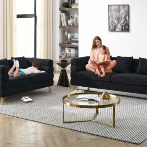 81-inch Couches + 60-inch Loveseat Sofa for Living Room, Set of 2 Modern Teddy Fabric Upholstered Sofa Couch with Square Arm and 4 Golden Metal Legs for Living Room, Office, Apartment, Black