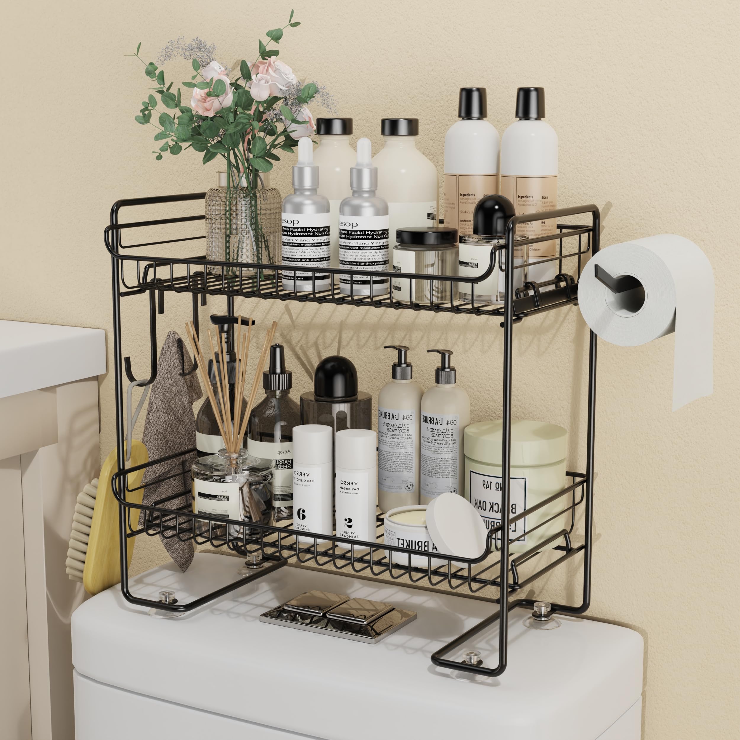 Johamoo Over The Toilet Storage, 2-Tier Bathroom Organizer Shelves, Multifunctional Bathroom Storage Rack with 4 Suction Cup, No Drilling Space Saver with Hooks, Upgrade Non-Adhesive, Black