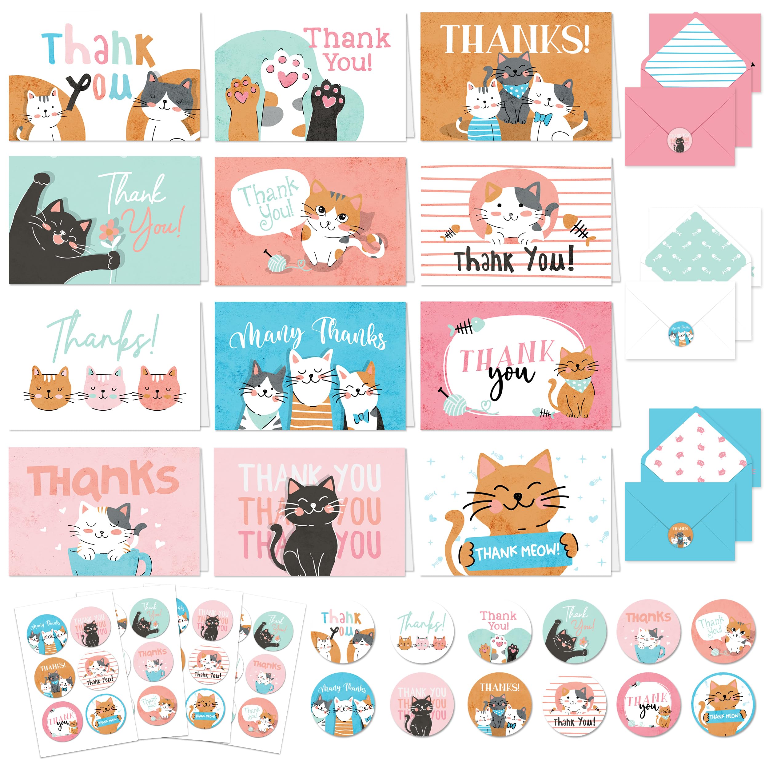 Decorably Thank You Cards with Envelopes & Stickers, Animal-Themed Cards - 24 Pack Cat Thank You Cards, Blank Inside Thank You Cards Cats, 6x4in Thank You Cards with Envelopes Cats