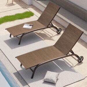 Crestlive Products Outdoor Chaise Lounge Chairs with Wheels Set of 3, Pool Lounge Chairs with 5 Adjustable Position for Patio, Poolside, Yard, Brown