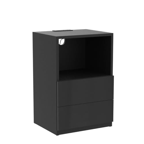 HOMMPA Open Shelf LED Nightstand with Charging Station Modern Black Bedside Table with Led Light 2 Drawers End Side Table High Gloss Night Stand Smart Nightstands Night Table for Bedroom 26.77in Tall