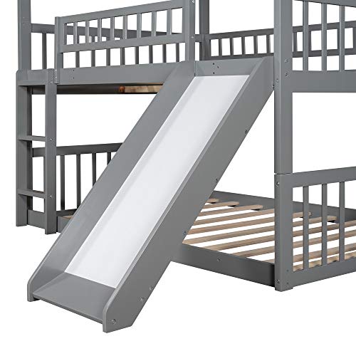 BOVZA Triple Bunk Bed with Slide, Full Over Full Over Full Wood Floor Bunk Bed with Built-in Ladder and Guardrails, 3 Bunk Beds for Kids Teens Adults, Gray