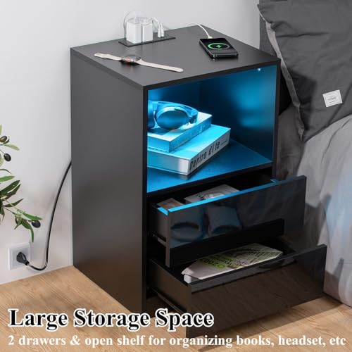 HOMMPA Open Shelf LED Nightstand with Charging Station Modern Black Bedside Table with Led Light 2 Drawers End Side Table High Gloss Night Stand Smart Nightstands Night Table for Bedroom 26.77in Tall