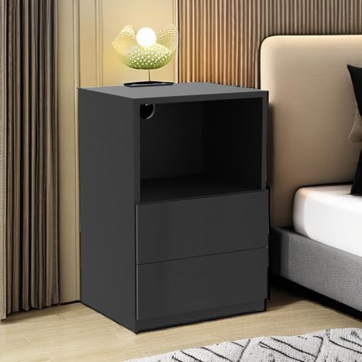 HOMMPA Open Shelf LED Nightstand with Charging Station Modern Black Bedside Table with Led Light 2 Drawers End Side Table High Gloss Night Stand Smart Nightstands Night Table for Bedroom 26.77in Tall