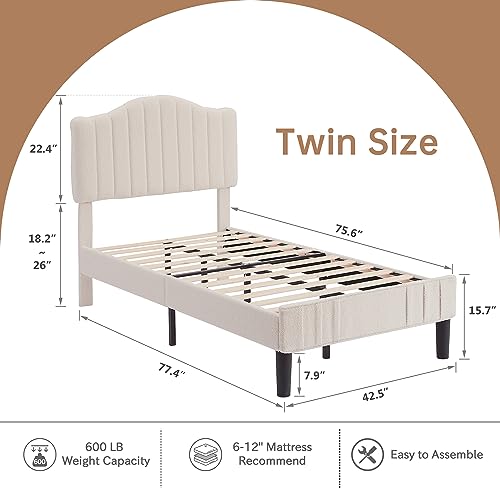 VECELO Twin Bed Frame Upholstered Platform Bed Frame with Height Adjustable Teddy Fabric Headboard, Strong Wood Slats Supports 7.9'' Under Bed Space Noise Free No Box Spring Needed, Beige