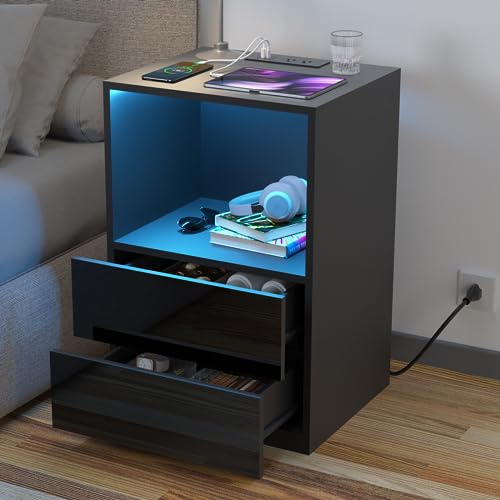 HOMMPA Open Shelf LED Nightstand with Charging Station Modern Black Bedside Table with Led Light 2 Drawers End Side Table High Gloss Night Stand Smart Nightstands Night Table for Bedroom 26.77in Tall