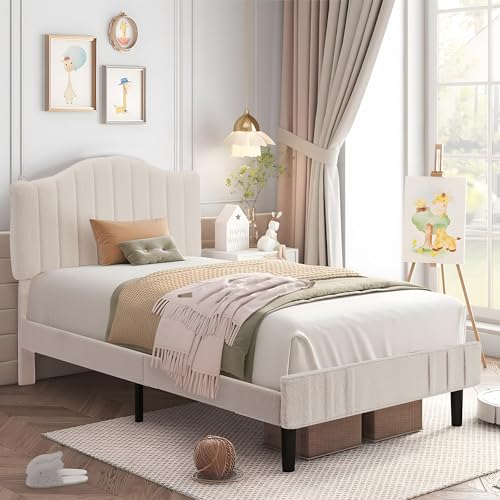 VECELO Twin Bed Frame Upholstered Platform Bed Frame with Height Adjustable Teddy Fabric Headboard, Strong Wood Slats Supports 7.9'' Under Bed Space Noise Free No Box Spring Needed, Beige