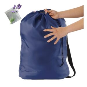 heavy duty laundry bag w/shoulder strap, 22" x 28", 210 denier polyester, holds 2 loads or 35 lbs, plus 1 lavender sachet (navy blue)