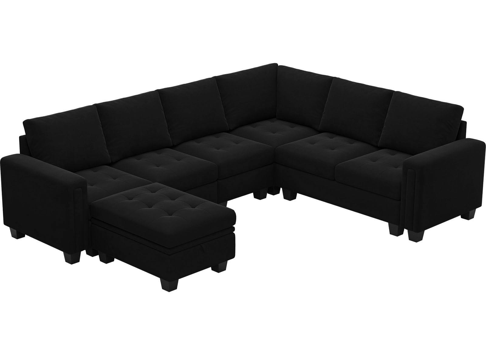 Belffin Velvet Modular Sectional Sofa with Storage Ottoman 6 Seater L Shaped Sectional Modular Sofa Couch with Reversible Chaise Convertible Corner Sectional Couch Black