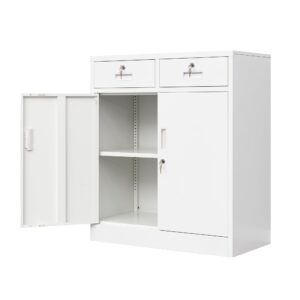 cmy metal storage cabinet with locking doors and adjustable shelf, 36" h steel cabinet with two drawers, locking storage cabinet for office, garage, home-white