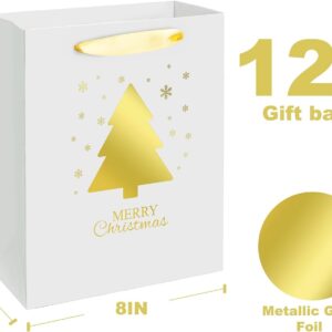 12 PCS Christmas Holiday Foil Gold Gift Bags,4 Designs,Perfect for Christmas Thanksgiving New Year Party Favor,White Winter Prints,Holiday and New Year Party