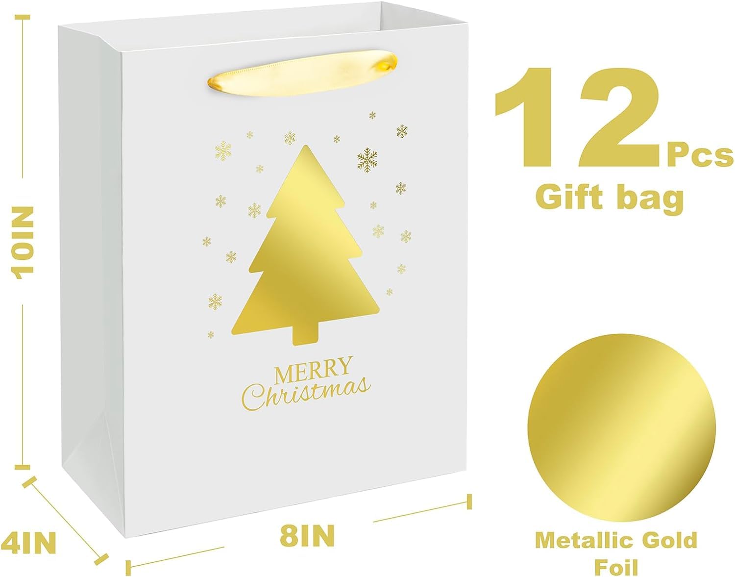 12 PCS Christmas Holiday Foil Gold Gift Bags,4 Designs,Perfect for Christmas Thanksgiving New Year Party Favor,White Winter Prints,Holiday and New Year Party