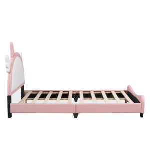 Harper & Bright Designs Full Size Upholstered Princess Bed Frame with Crown Headboard for Boys Girls Kids Toddler,Full Size Platform Bed with Headboard and Footboard,White+Pink (Pink3)