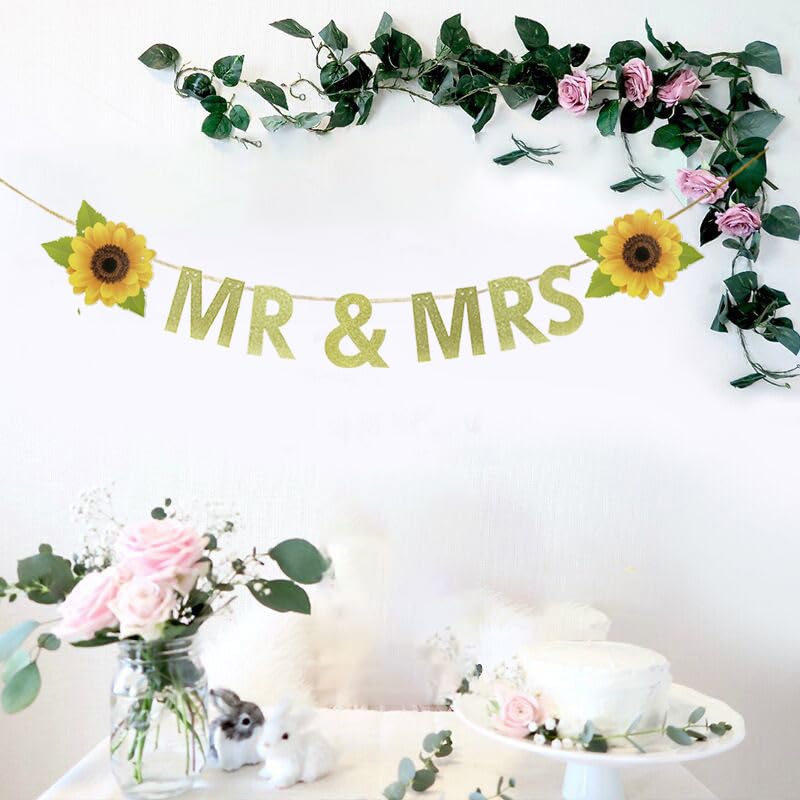 JENSENLIN Mr & Mrs Sunflower Banner,Sunflower Themed Wedding Decoration,Bridal Shower,Bachelorette Party Decoration.