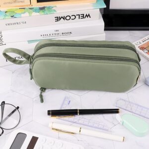 iSuperb 2 Compartments Pencil Case Zippered Pencil Pouch With Handle Big Large Capaciy Aesthetic Organizer Canvas & Nylon Pen Bag Handbag for Travel Office Stationary (Green)