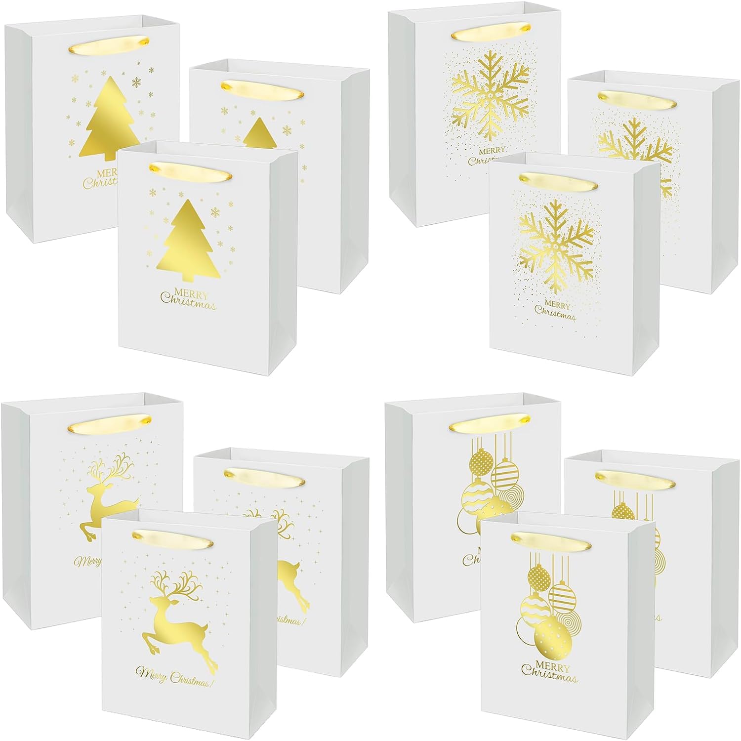 12 PCS Christmas Holiday Foil Gold Gift Bags,4 Designs,Perfect for Christmas Thanksgiving New Year Party Favor,White Winter Prints,Holiday and New Year Party