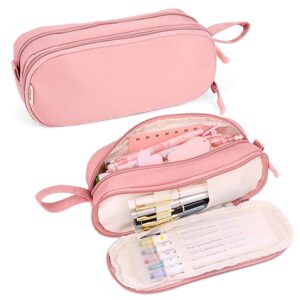 isuperb 2 compartments pencil case zippered pencil pouch with handle big large capaciy aesthetic organizer canvas & nylon pen bag handbag for travel office stationary (pink)