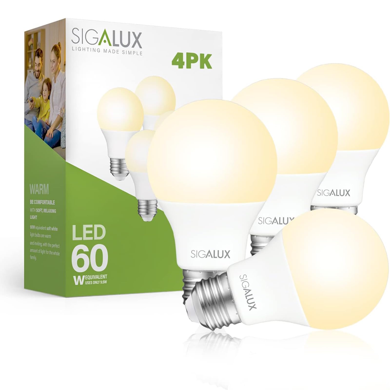 Sigalux LED Light Bulbs 60 Watt Equivalent A19 Standard Light Bulbs 2700K Warm, Non-Dimmable Energy Efficient 9.5W LED Soft White Bulb with E26 Medium Base, 800 Lumens, UL Listed, 4 Packs