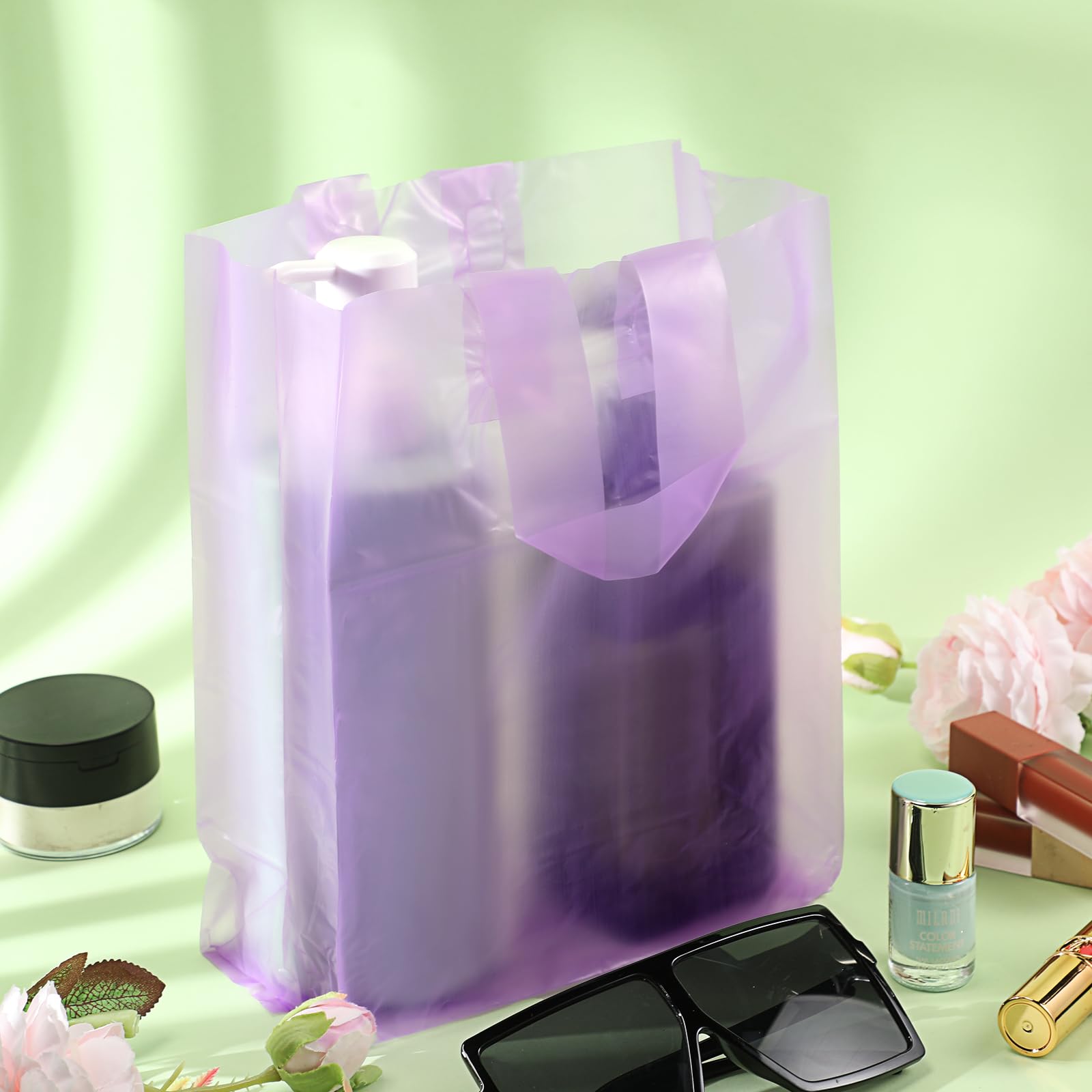 Qilery 100 Pack Frosted Plastic Gift Bags with Handles Small 8"x4"x10" Plastic Shopping Bags for Small Business Boutique Merchandise Bags Bulk for Retail Customers(Light Purple)