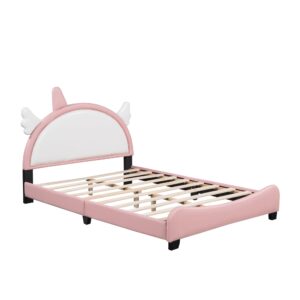 Harper & Bright Designs Full Size Upholstered Princess Bed Frame with Crown Headboard for Boys Girls Kids Toddler,Full Size Platform Bed with Headboard and Footboard,White+Pink (Pink3)