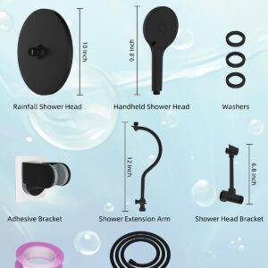 Hibbent Self-cleaning Shower Head, 10'' High Pressure Rainfall Shower Head, Showerhead Combo/Handheld Shower Head, 12'' Adjustable Curved Shower Extension Arm, 71'' Hose, 2 Shower Holders, Matte Black