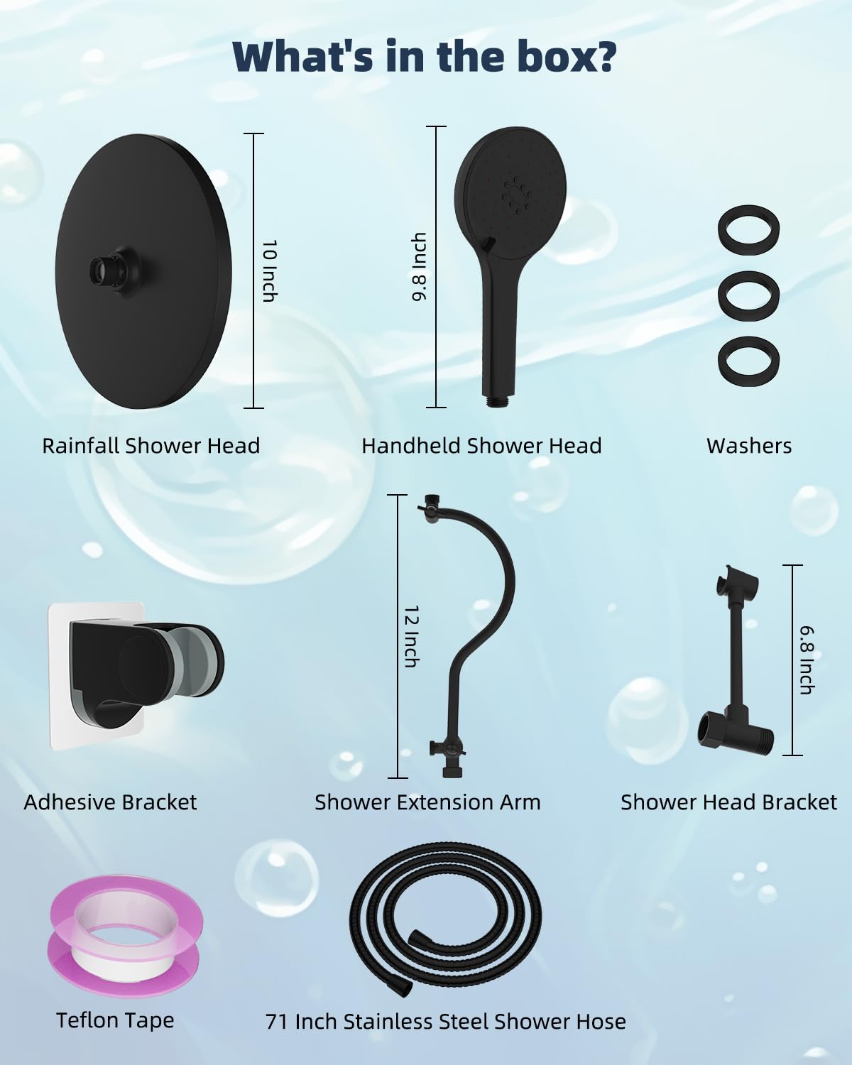 Hibbent Self-cleaning Shower Head, 10'' High Pressure Rainfall Shower Head, Showerhead Combo/Handheld Shower Head, 12'' Adjustable Curved Shower Extension Arm, 71'' Hose, 2 Shower Holders, Matte Black