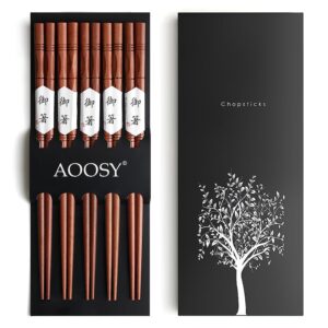 5-pair reusable natural wooden chopsticks, aoosy hand-carved rosewood chop sticks gift set, dishwasher safe, non-slip 8.8 inch/22.5cm