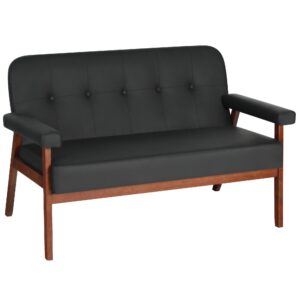 sthouyn 50”w black faux leather small office couch loveseat sofa with wood arms, mid century modern love seat sofas lounge armchair living room bedroom (black (loveseat))