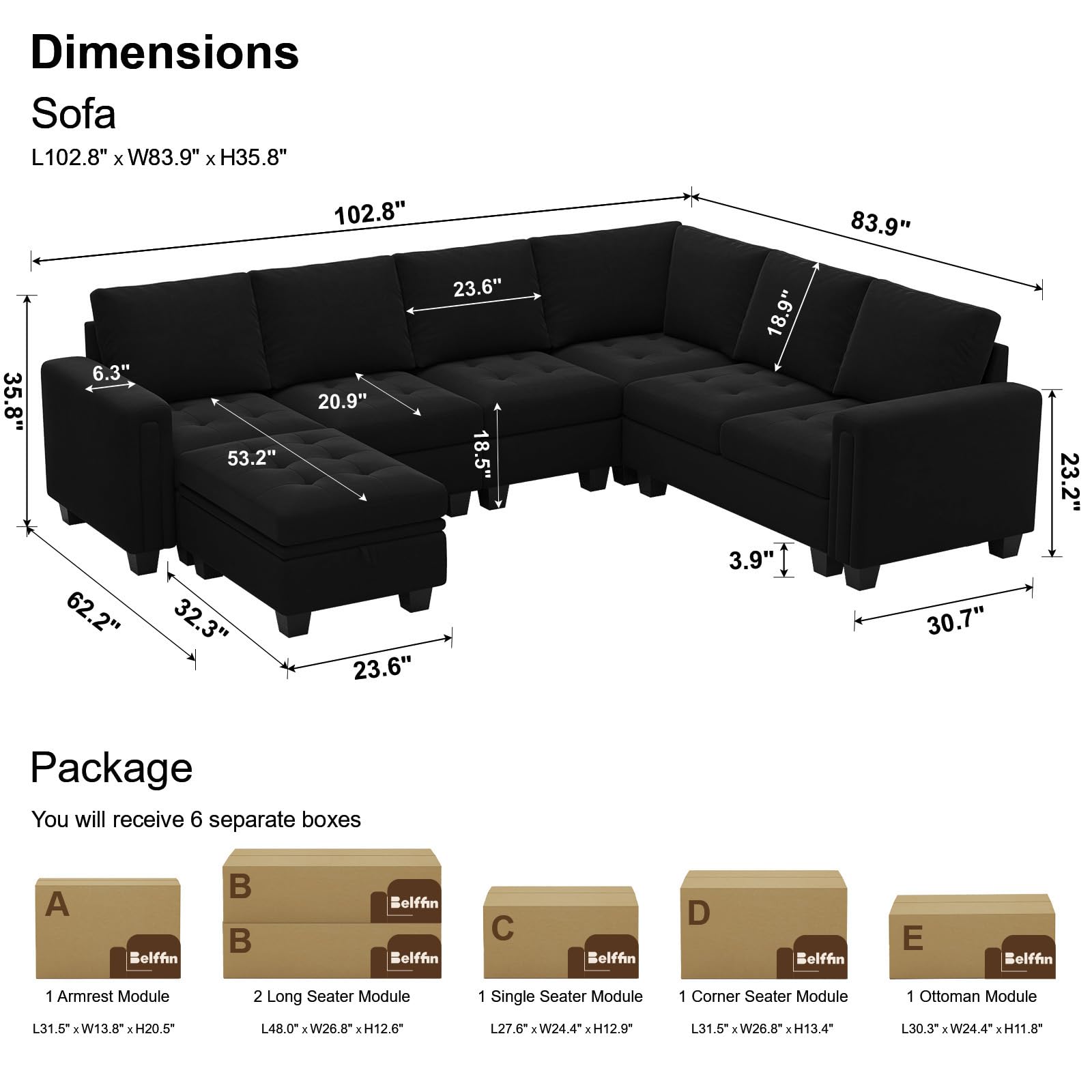 Belffin Velvet Modular Sectional Sofa with Storage Ottoman 6 Seater L Shaped Sectional Modular Sofa Couch with Reversible Chaise Convertible Corner Sectional Couch Black