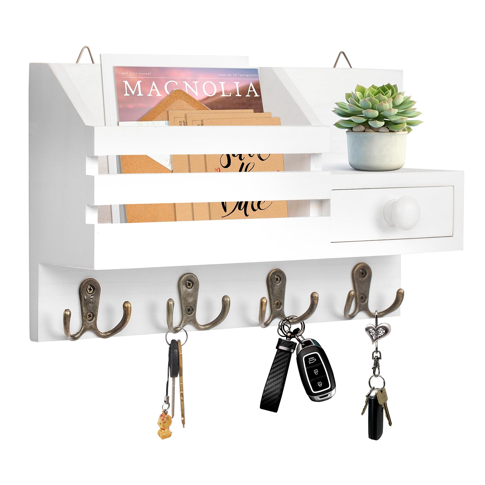 HOMEBROS Key Mail Holder for Wall, White Wooden Key Mail Organizer with Drawer Wall Mount Key Rack with Shelf Key Storage Hanger with 8 Key Hooks for Entryway Hallway 2 Installation Methods