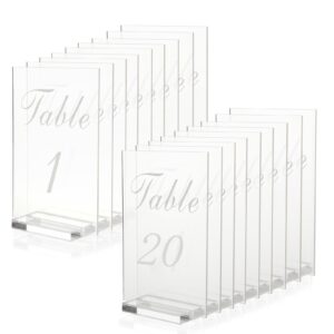 fviexe 20pcs acrylic wedding table numbers 1-20 with stands, 4x6 inches clear table numbers for wedding party reception sign place number cards printed calligraphy font for event banquet anniversary