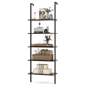 tangkula 5-tier bookshelf, modern wall mounted ladder shelf, 5 tiers wood wall open bookcase with metal frame, home office display storage shelves for collection, plant flower stand (1, brown)