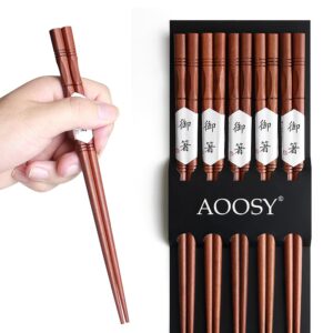 5-Pair Reusable Natural Wooden Chopsticks, AOOSY Hand-Carved Rosewood Chop Sticks Gift Set, Dishwasher Safe, Non-Slip 8.8 Inch/22.5cm